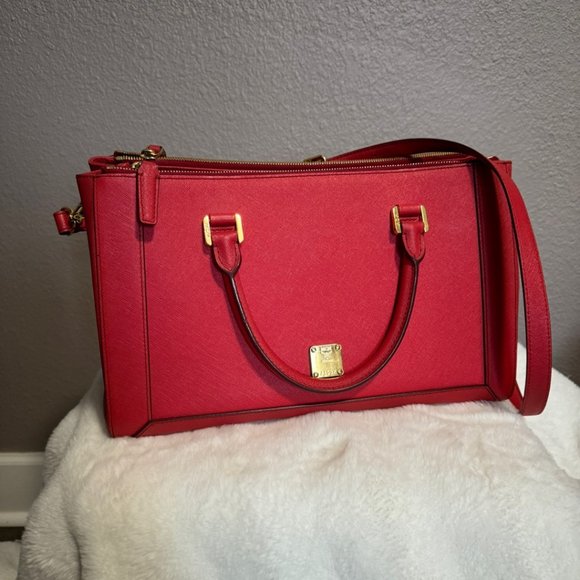 MCM | Bags | Mcm Leather Scarletpoppy Red Shouldertote Bag Gently Used ...